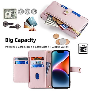 Arseaiy Wallet Case for Oppo Reno 6 Pro 5G（MediaTek） Flip Phone Case with Crossbody Strap Magnetic Handbag Zipper Pocket PU Leather Shockproof with Kickstand Phone Shell Pink