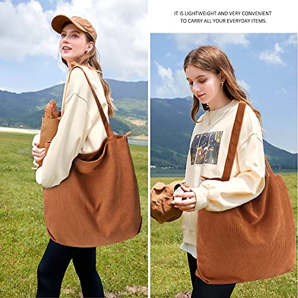 EIMMBD Corduroy Tote Bag for Women - Women's Tote Handbags Shoulder Bag Tote Bag with Pockets for School Office Shopping Travel Work (Brown)