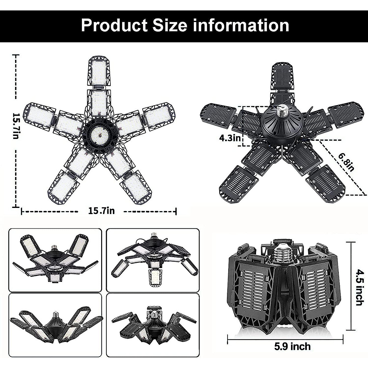 MUCLUD 4Pack 200W LED Garage Lights,Deformable LED Garage Ceiling Lights 22000LM E26/E27 Garage Lighting with 10+1 Adjustable Panels 6500K Daylight Garage Lights for Garage Basement Warehouse
