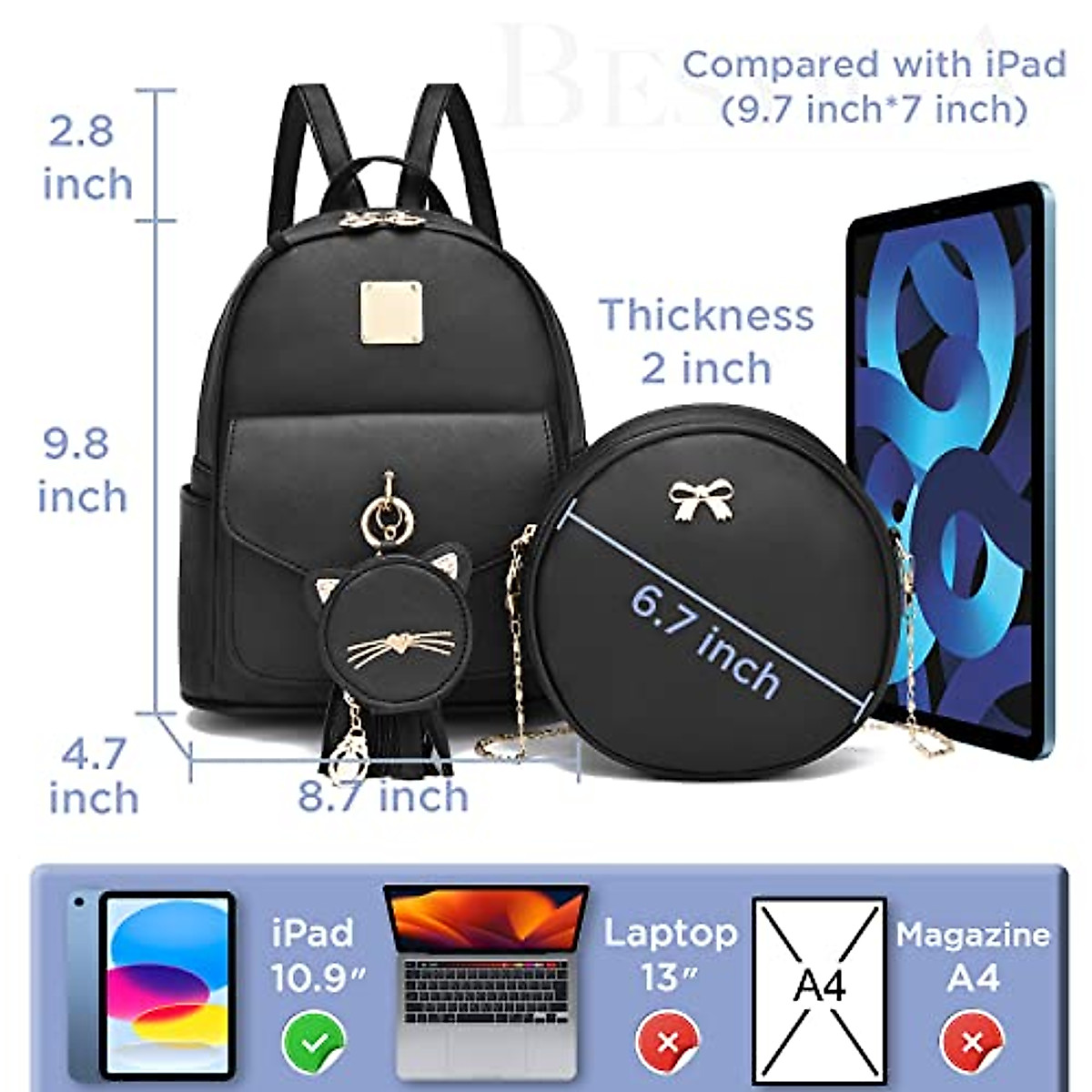 BESYIGA Girls Small Kitty Backpack 3 PCS Leather Backpack Purse for Women Travel Bag Kids Backpack Mini Backpack for Girls