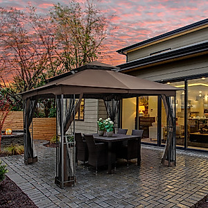 HAPPATIO 10' X 12' Patio Gazebo with Ventilation Double Roof, Outdoor Gazebo with Mosquito Netting for Lawn, Garden (Dark Brown)