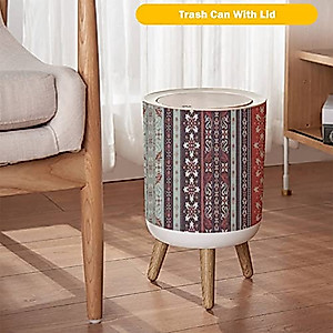 Small Trash Can with Lid Seamless Based on Ornament Paisley Bandana Print Vintage Style Silk Wood Legs Press Cover Garbage Bin Round Waste Bin Wastebasket for Kitchen Bathroom Office 7L/1.8 Gallon