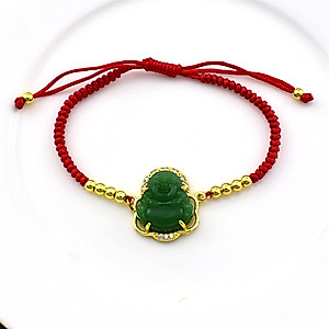 COLORFUL BLING Lucky Laughing Buddha Charm Pendant Charm Bracelet Jade Natural Stone Red Braid String Thread Rope Crystal CZ Zirconia for Women Men Gemstone Amulet Protection Jewelry-Green