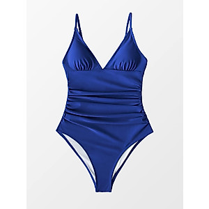 CUPSHE Women's One Piece Swimsuit Shirring Design V Neck Low Back Bathing Suit, Deep Blue, L