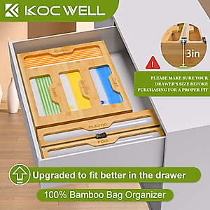 4 Slots Bag Organizer and 2 Foil Plastic Wrap Cutter Dispenser Separated, Bamboo Bag Storage Organizers for Kitchen Drawer, Baggie Organizer for for Gallon, Quart Sandwich & Snack Bags