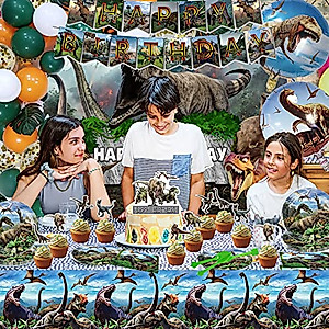 230PCS Dinosaur Birthday Party Supplies Decoration Set for Kids, Serves 10 Guests with Banner, Backdrop, Foil Balloons, Stickers, Balloon Kit, Tableware, Cake Topper, Cup Cake Toppers