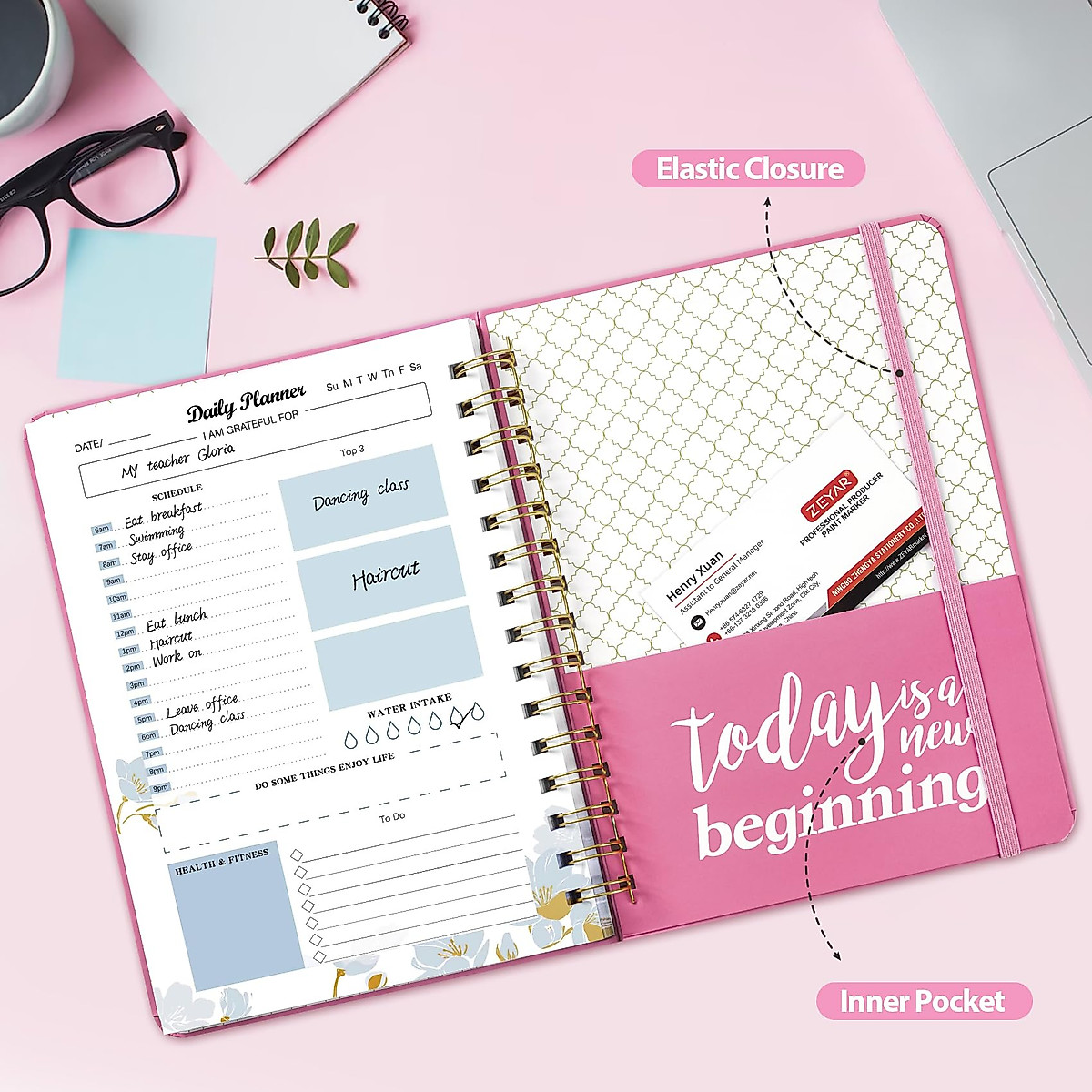 Siltamu Daily Planner Undated 6.1″ x 8.5″,To Do List Notebook with Hourly Schedule,Meal Planning and Spiral Appointment Organizers for Men and Women with Pocket and Pen Loop - Pink