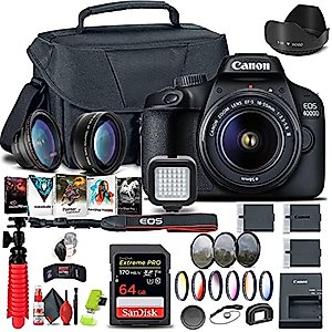 Canon EOS 4000D / Rebel T100 DSLR Camera with 18-55mm Lens, 64GB Card, Color Filter Kit, Case, Filter Kit, Photo Software, 2X LPE10 Battery, Light, Wide Angle Lens + More (Renewed)