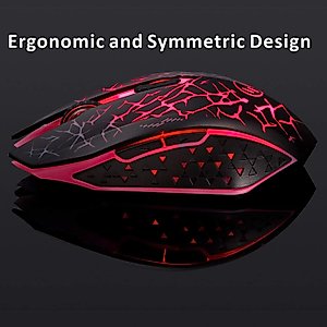 TENMOS K6 Wireless Gaming Mouse, Rechargeable Silent LED Optical Computer Mice with USB Receiver, 3 Adjustable DPI level and 6 Buttons, Auto Sleeping for Laptop/PC/Notebook (Red Light)