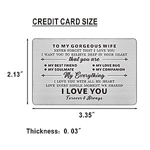 Resdink To My Gorgeous Wife, Engraved Wallet Cards for wife, Love Gifts for Wife, Anniversary Present Card for Wife Her, I Love You With All My Heart, Wife Gift from Husband, Birthday Valentines