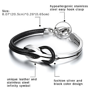 OIDEA Mens Womens Stainless Steel Infinity Love Symbol Charm Leather Wrap Bracelet,fit for 6-8 Inch Wrist,Red