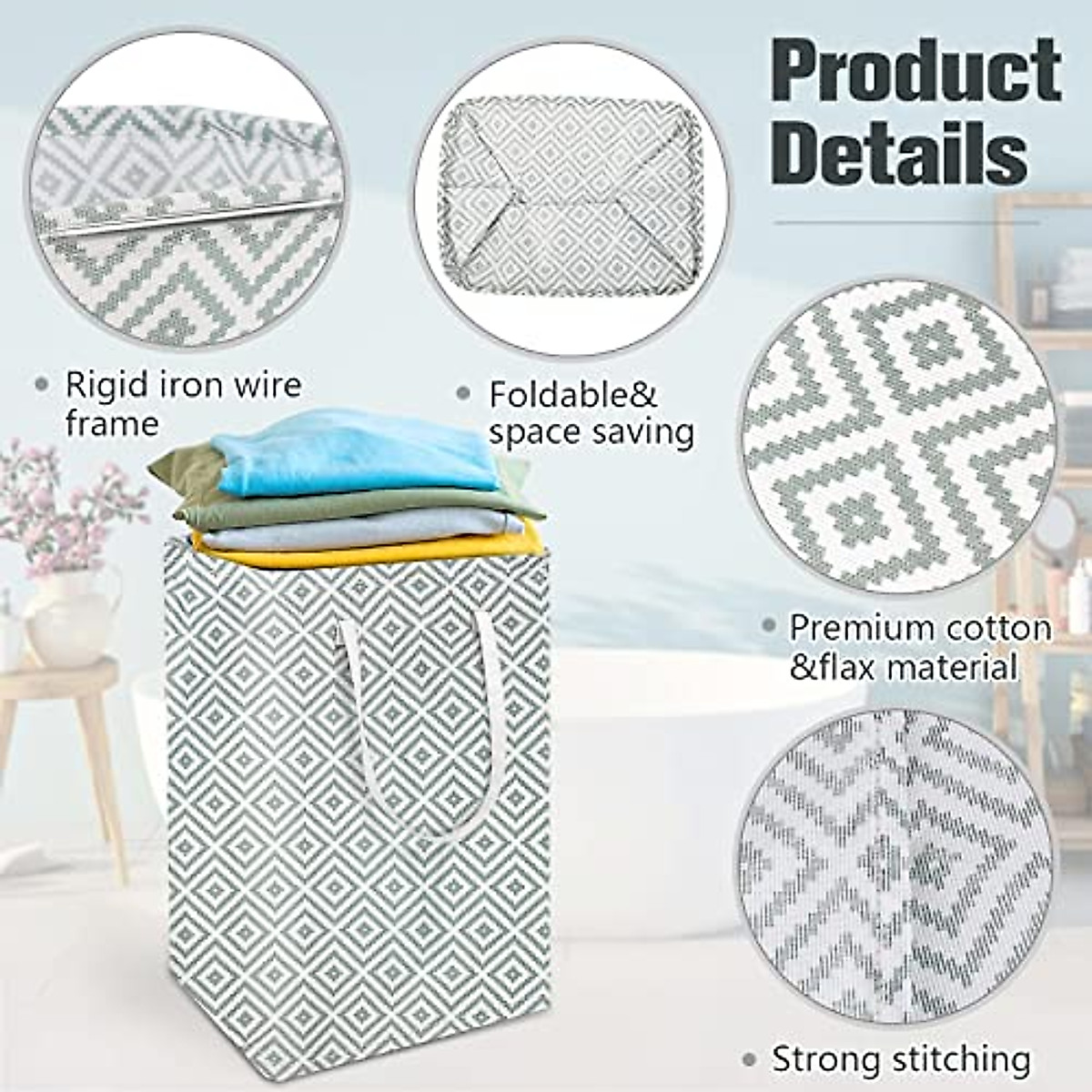 Letensh Laundry Baskets 2 Pack, 75L Foldable Laundry Hampers with Mesh Laundry Bag, Waterproof Dirty Clothes Hamper Organizer Freestanding Tall Laundry Bin with Handles for Laundry Room, Bedroom, Dorm