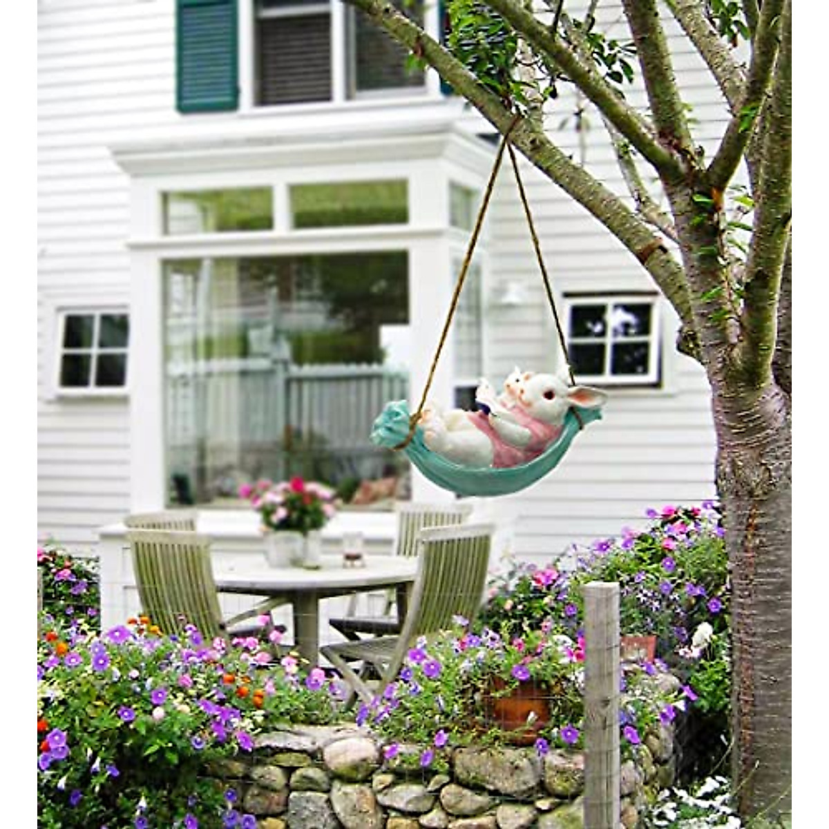 Usupgift Pink Swing Rabbit Garden Statues Cute Rabbit Figures Tree Hanging Sculpture (8.9"X4.3"X 3.9") for Outdoor Décor Garden Patio Yard Lawn