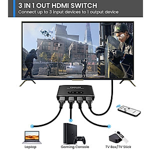 HDMI Switch 3 in 1 Out 4K UHD HDMI Switcher Splitter, Automatic Switch with Remote Metal HDMI Switch Box Hub Support 4K 30Hz 3D 1080P HDCP1.4 for PS5 PS4 Xbox DVD Player Fire Stick Apple TV PC