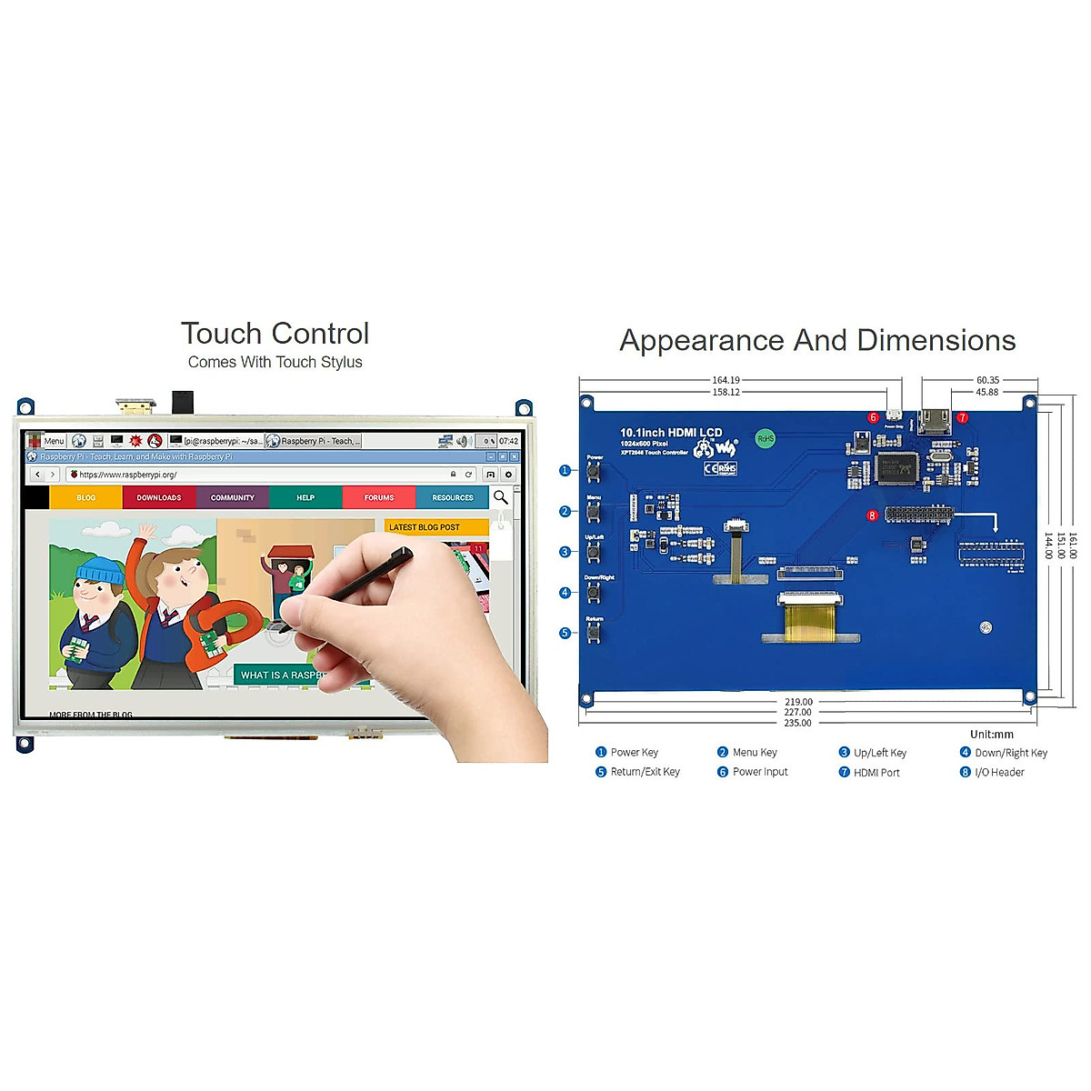 waveshare 10.1inch Resistive Touch Screen LCD Compatible with Raspberry Pi 4B/3B+/3A+/2B/B+/A+/Zero/Zero W/WH/Zero 2W CM3+/4 1024×600 Resolution HDMI IPS Supports Windows