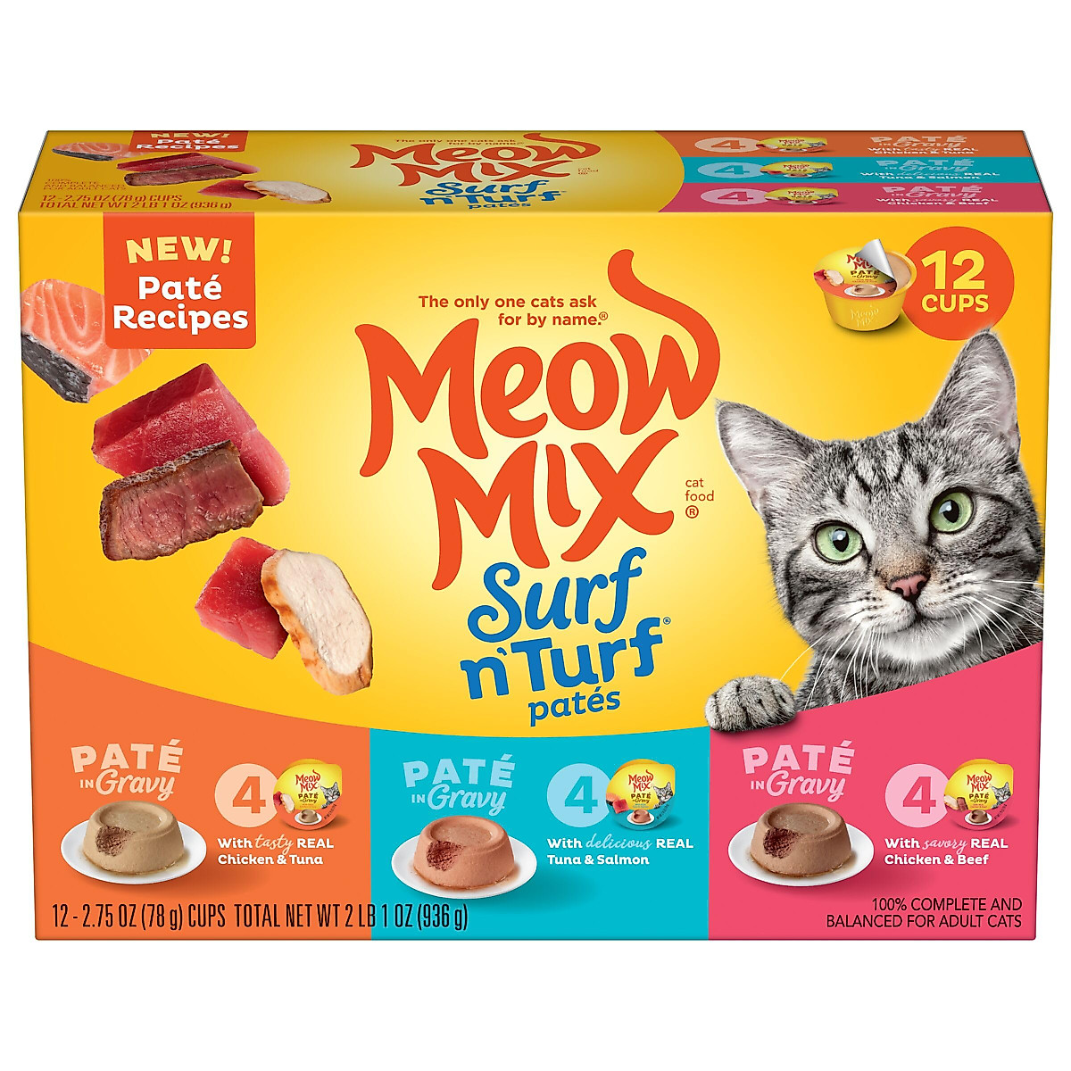 Meow Mix Paté in Gravy Wet Cat Food Variety Pack, Surf n’ Turf Patés 2.75 Ounce (Pack of 12)