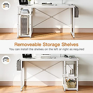 ODK 39 Inch Computer Desk with Monitor Stand and Reversible 2-Tier Storage Shelves, Home Office Desks, Work Study PC Office Desk for Small Spaces, White Desk with Shelves