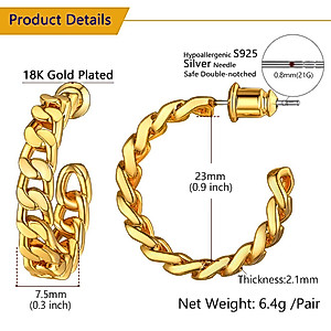U7 Chunky Hoop Earrings for Women Surgical Stainless Steel Steel Post 14K Gold Plated Cuban Link Chain Earrings Open Cuff Hoop Earrings for Lady
