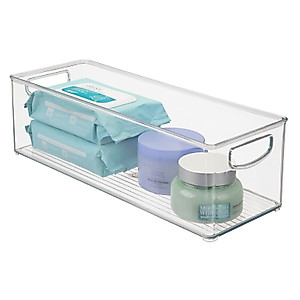 mDesign Plastic Toiletry Organizer for Bathroom - Storage Holder Bin w/Handles for Vanity, Drawers, Dresser - Holds Hair Products, Makeup, Lotion, Skincare and More - Ligne Collection - Clear