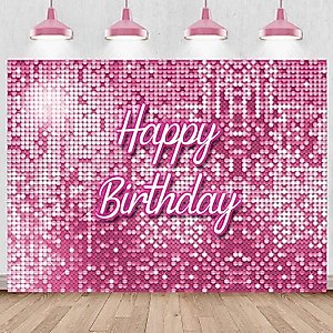 Ayayiya Pink Flash Square Birthday Backdrop Shining Sequins Shimmer Panels Wall Photography Background Princess Girl Sweet 16 18th Birthday Women 21st 30th 40th Birthday Decorations Photo Booth 7x5ft