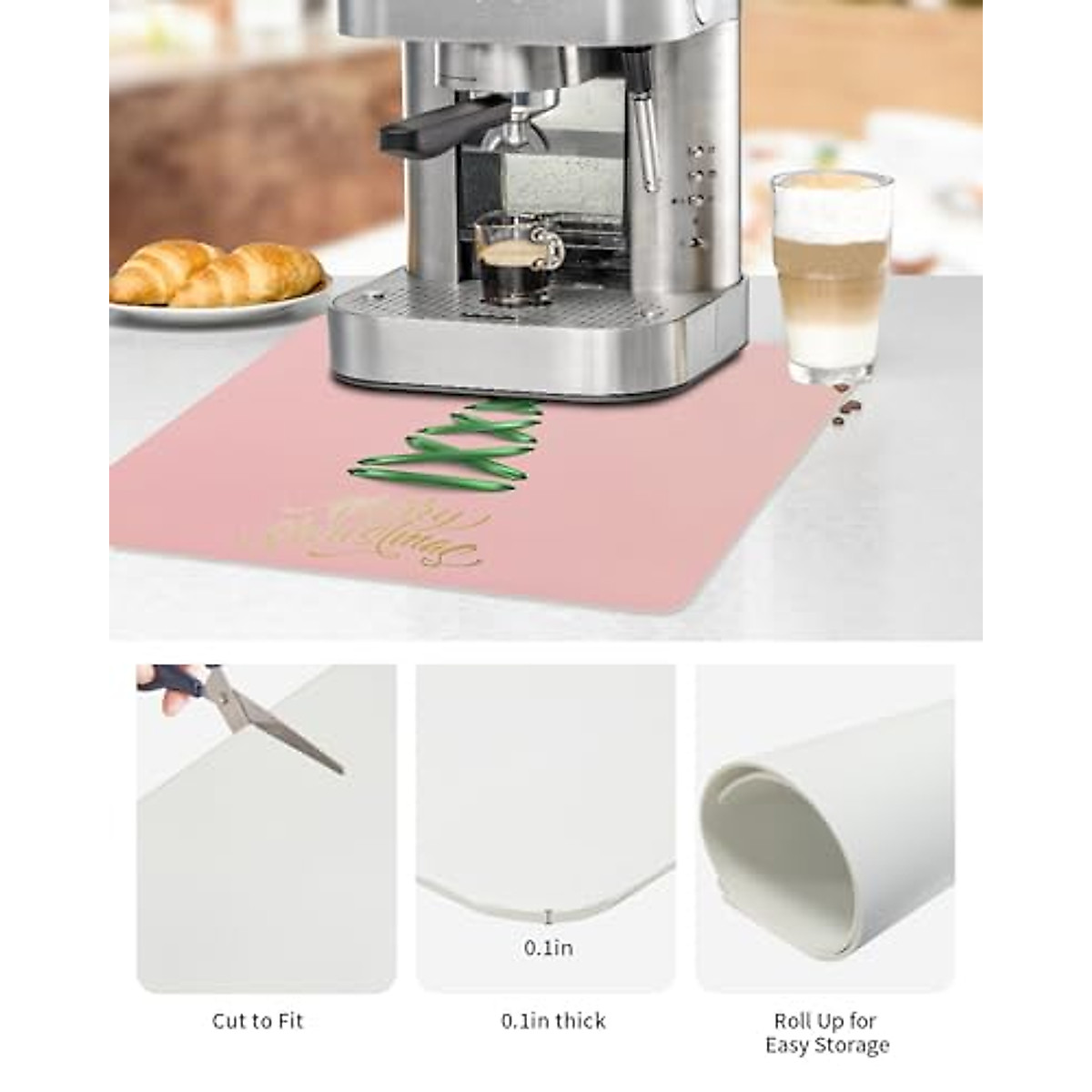 LaBLUUX Coffee Mat for Counter, Winter Christmas Tree with Star Pink Absorbent Hide Stain Coffee Bar Mat, Non-Slip Coffee Bar Accessories Kitchen Drying Mat Fit Under Coffee Maker Espresso Machine