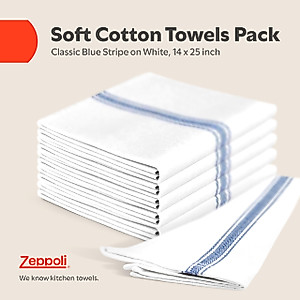 Zeppoli Classic Kitchen Towels - 15 Pack - 14" x 25" - 100% Natural Cotton Kitchen Dish Towels - Reusable Cleaning Cloths - Blue Tea Towels - Super Absorbent - Machine Washable Hand Towels