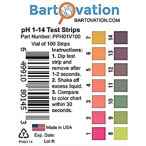 pH 1-14 Wide Range Test Strips [Moisture-Proof Vial of 100 Strips] Made in USA
