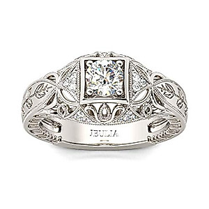 Jeulia Vintage Rings 925 Sterling Silver Round Cut Solitair Diamond Ring Wedding Engagement Statement Ring Band Anniversary Promise Bridal Set with Gift Box (Silver, 7)