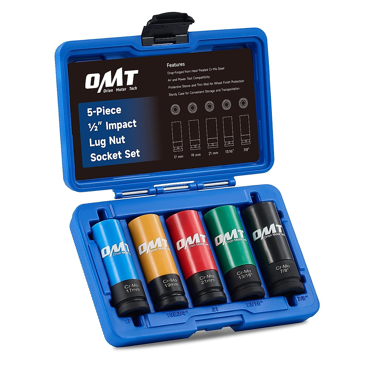 Orion Motor Tech 1/2" Drive Lug Nut Socket Set, Metric 17 19 21 mm & SAE 13/16 7/8 in. Wheel Socket Set, 5pc Impact Lug Nut Socket Set, Thin Wall Lug Nut Socket Set with Colored Protective Covers