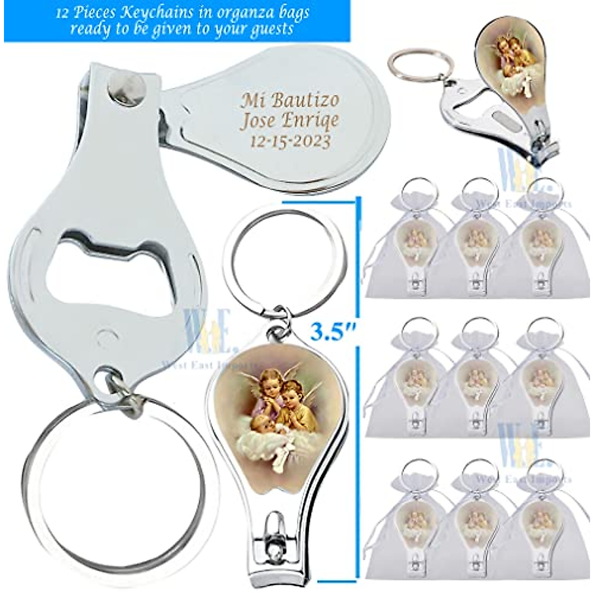 Personalized Engraved Baptism Keychains (12 PCS) - Key Ring with Nail Clipper and Bottle Opener Party Favors for Baby Boys and Girls Recuerdos Bautizo Customized Gift for Guest