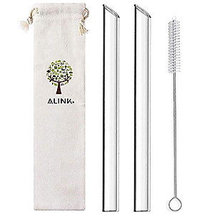 ALINK Reusable Glass Boba Straws, 14mm Extra Wide Clear Straws for Smoothies, Bubble Tea, Pack of 2 with Carrying Case and Cleaning Brush