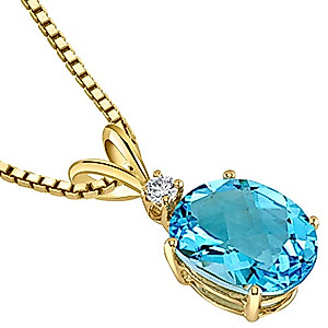 PEORA 14K Yellow Gold 3 Carats Swiss Blue Topaz with Diamond Pendant, Genuine Gemstone Birthstone, AAA Grade Oval Shape 10x8mm, Elegant Solitaire Design