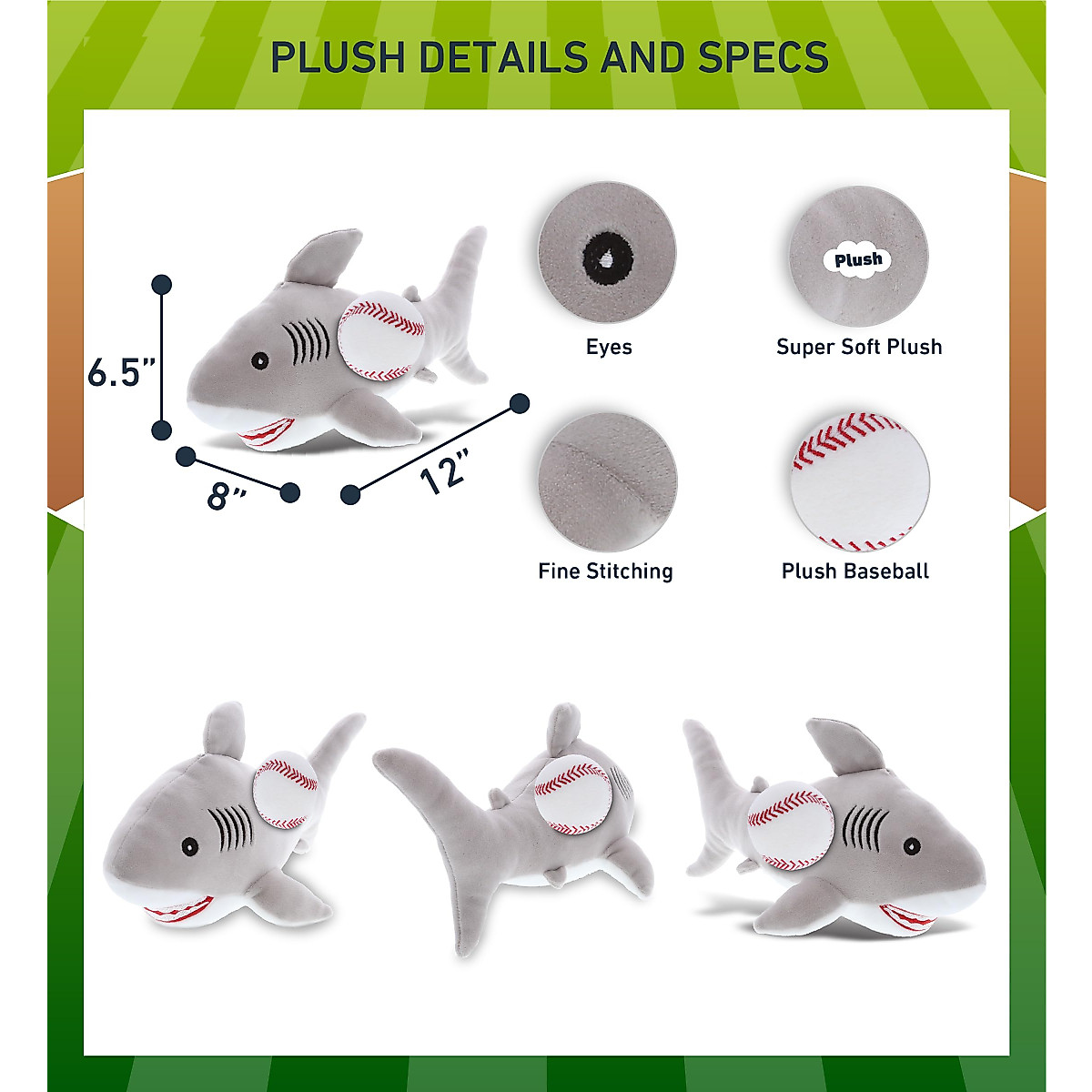 DolliBu Grey Shark Stuffed Animal with Baseball Plush - Soft Plush Huggable Shark Adorable Playtime Plush Toy, Cute Ocean Life Gift for Kids and Adults - 12 Inches