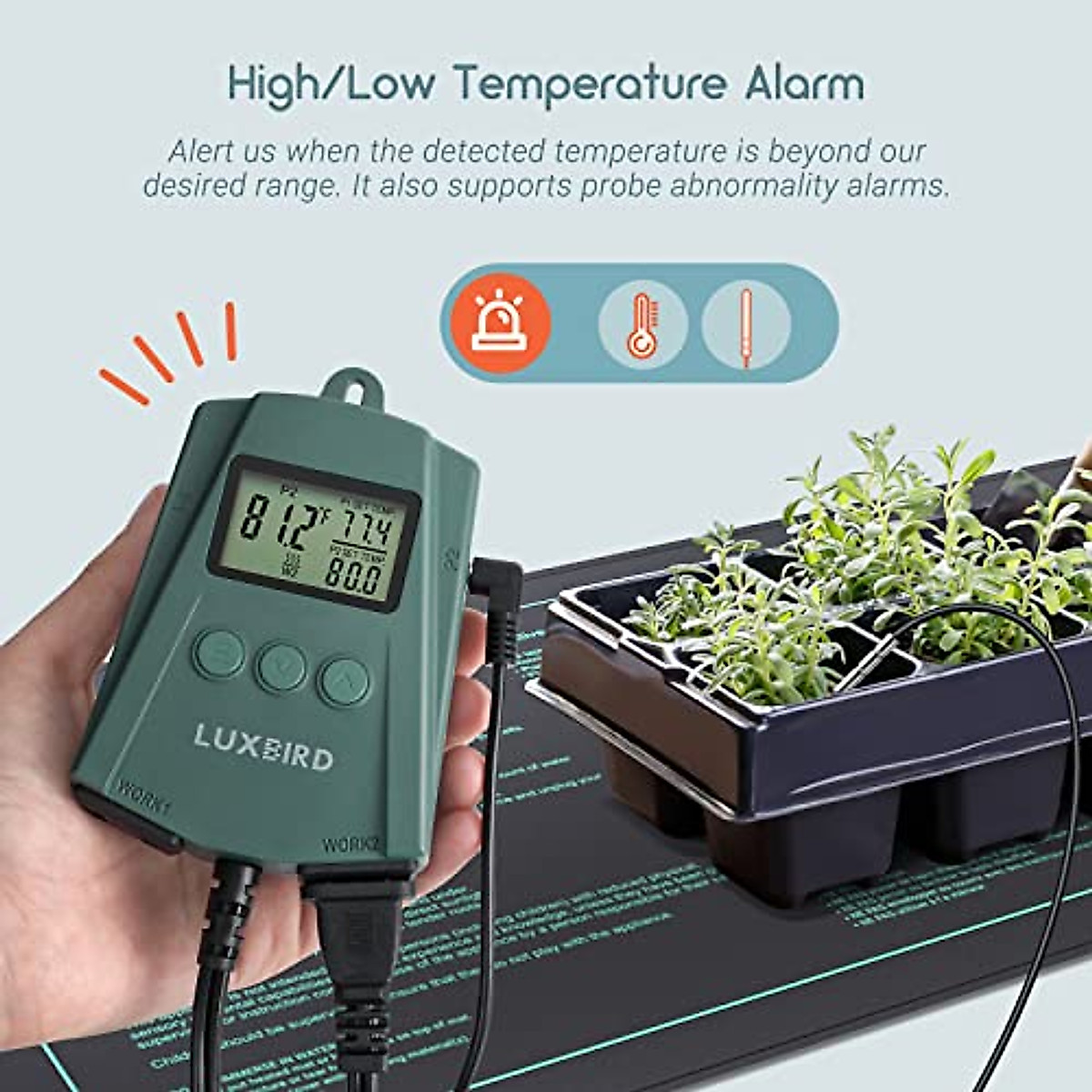 LUXBIRD LB-2SC Digital Heating Mat Thermostat Temperature Controller with 2 Probes and 2 Outlets for Germination, Reptiles, Brewing, Breeding, Incubation, Greenhouse (Max 250W per Outlet)