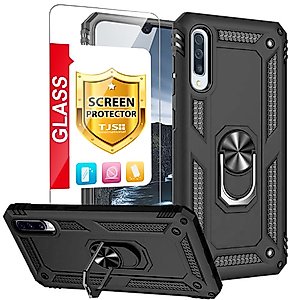 TJS Compatible with Samsung Galaxy A50 2019 Case, with Tempered Glass Screen Protector Metal Ring Magnetic Support Kickstand Heavy Duty Drop Protector Phone Case Cover (Black)