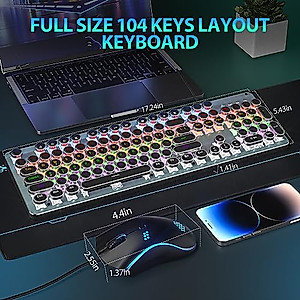 Typewriter Mechanical Gaming Keyboard Mouse Combo, Metal Panel Retro Keyboard with Round Keycap Blue Switch, RGB Backlit 104 Keys Anti-Ghost Wired Keyboard and Mouse with 3 DPI for PC Laptop Mac Gamer