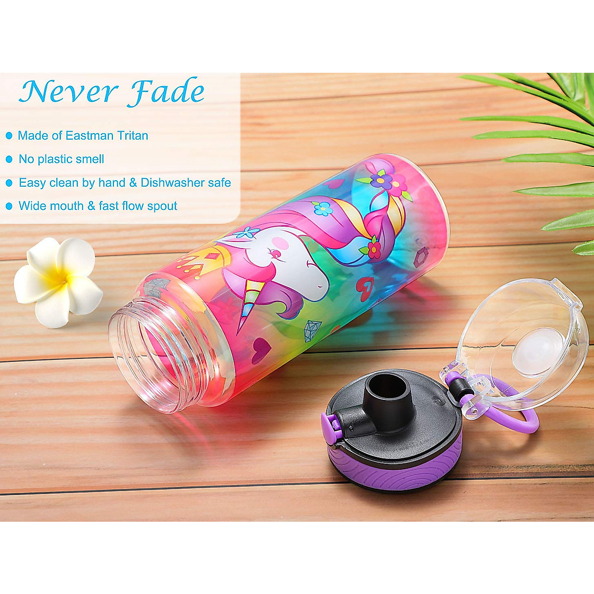 Cute Water Bottle for School Kids Girls, BPA FREE Tritan & Leak Proof & Easy Clean & Carry Handle, 23oz/ 680ml - Unicorn