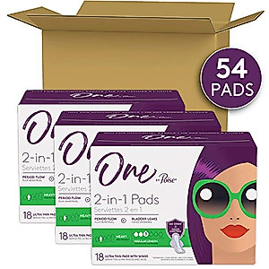 One by Poise Feminine Pads with Wings (2-in-1 Period & Bladder Leakage Pad for Women), Heavy Absorbency for Period Flow, Light Absorbency for Bladder Leaks, 18 Count (Pack of 3) Total 54 Count
