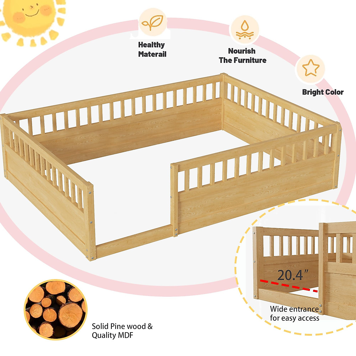 Floor Bed for Kids, Full Size Montessori Bed with High Fence Railings, Wood Playhouse Bed with Rails for Baby Boys Girls Teens, No Slats Included, Natural