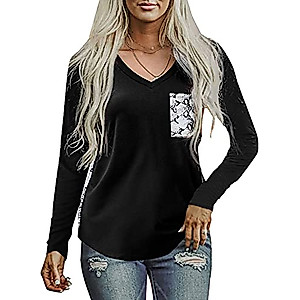 Diukia Women's Plus Size Loose V Neck Long Sleeve Tee Shirts Patchwork Pocket Top Printed Color Block Pocket Pullover Tops for Autumn Winter Spring White 2XL