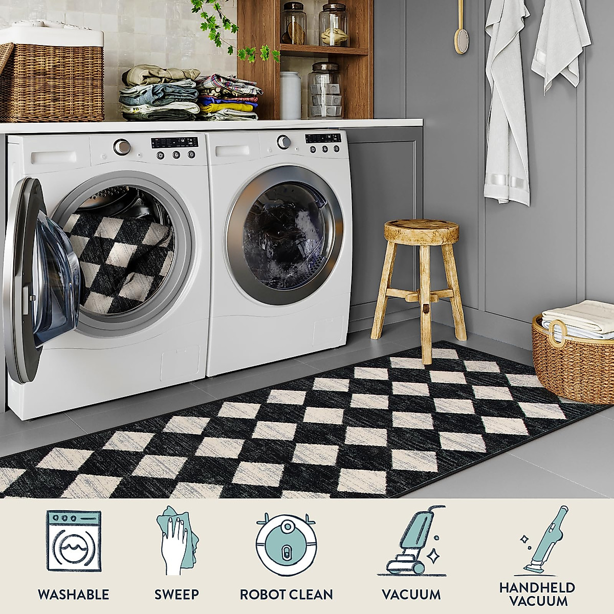 Lahome Moroccan Trellis Area Rug - 2x3 Printed Small Black Checkered Entryway Rug Non Slip Kitchen Mat, Stain Resistance Indoor Modern Floor Soft Throw Carpet for Front Door Bathroom Sink Bedroom