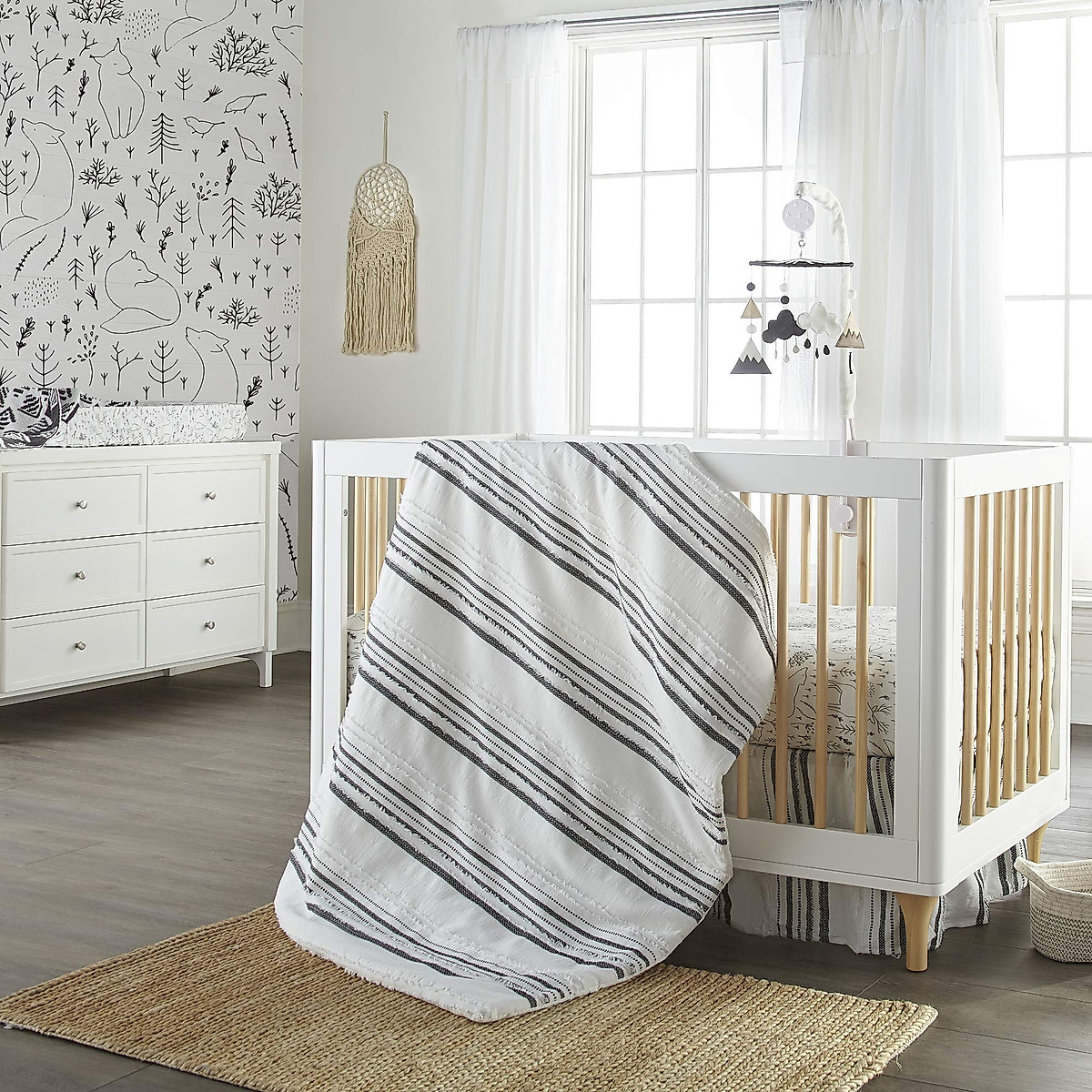 Levtex Baby - Nico Crib Bed Set - Baby Nursery Set - Stripes - White, and Black - Classic Embroidered and Flared Stripes - 4 Piece Set Includes Quilt, Fitted Sheet, Blanket, Crib Skirt