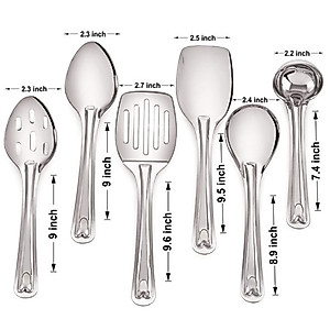 Premium 6 Piece 9" Stainless Steel Cooking & Serving Spoon Set, Includes Solid Spoon, Oval Spoon, Slotted Spoon, Ladel, Spatula & MultiServer - Heavy Gauge Durability - Modern Mirror Finish Flatware