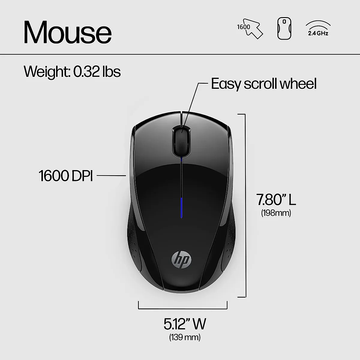 HP Wireless Mouse - Black, 15-Month Battery, 1600 DPI Sensor, Side Grips - For PC/Laptop, Mac, Chromebook