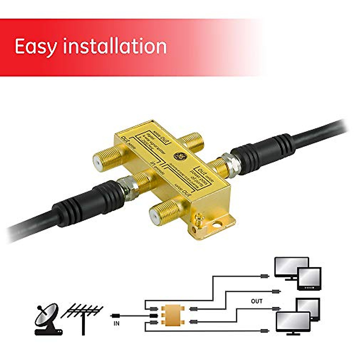 GE Digital 4-Way Coaxial Cable Splitter, 2.5 GHz 5-2500 MHz, RG6 Compatible, Works with HD TV, Satellite, High Speed Internet, Amplifier, Antenna, Gold Plated Connectors, Corrosion Resistant, 33527