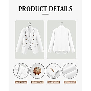 CRAZY GRID Womens Double Breasted Blazer Jackets Open Front Business Casual Suit Jacket Long Sleeve Dressy Blazer Lapel Gold Button Ladies Work Office Blazer White Medium