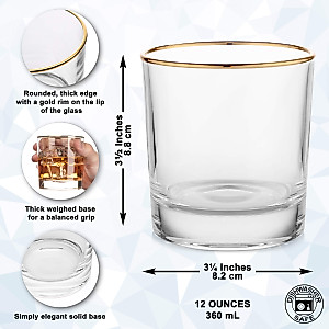 Whiskey Glasses Set of 4 Simple Design with 24K Gold Rim | Bar Glasses | Old Fashioned Tumblers | Lowball Glasses | Rocks Glasses | Standard12 OZ Drinking Glass