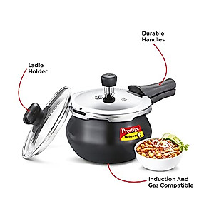 Prestige Deluxe Duo Plus Hard Anodised Handi Pressure Cooker With Stainless Steel Lid 3.0 Liters and Glass lid, medium (20144)