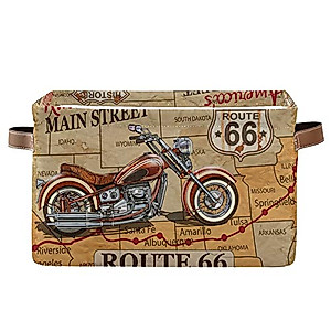 ALAZA Decorative Basket Rectangular Storage Bin, Vintage Route 66 Motorcycle Poster Organizer Basket with Leather Handles for Home Office