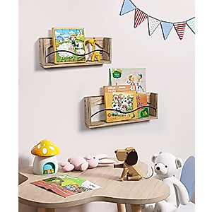 Sapowerntus Wood Book Shelves Wall Mounted, Rustic Nursery Magazine Holder Organizer Vinyl Record Rack with Curve Rail Wave Design, Wall Bookshelf Home Room Office Decor, Set of 2